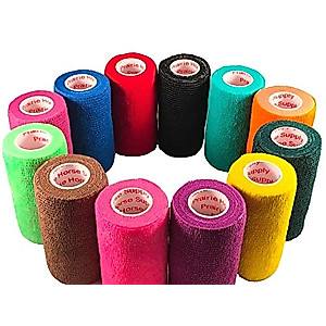 4 Inch Vet Cohesive Bandage Wrap Tape Bulk (Assorted Colors) (Pack of 24) Self Adhesive Adherent Adhering Flex Bandage Grip Roll for Dog Cat Pet Horse