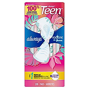 Always Radiant FlexFoam Teen Pads Regular Absorbency, 100% Leak Free Protection is possible, with Wings, Unscented, 28 Count
