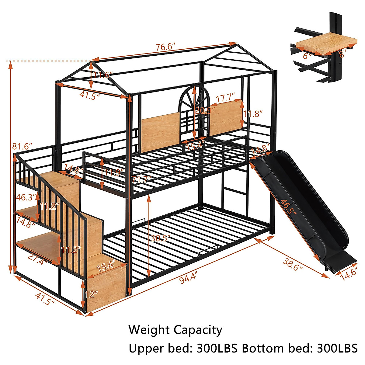 Twin Over Twin Bunk Bed with Slide, House Floor Bunk Bed with Storage Stairs and Shelves, Twin Bunk Beds for Kids, Girls, Boys, Black Bunk Bed Twin Size