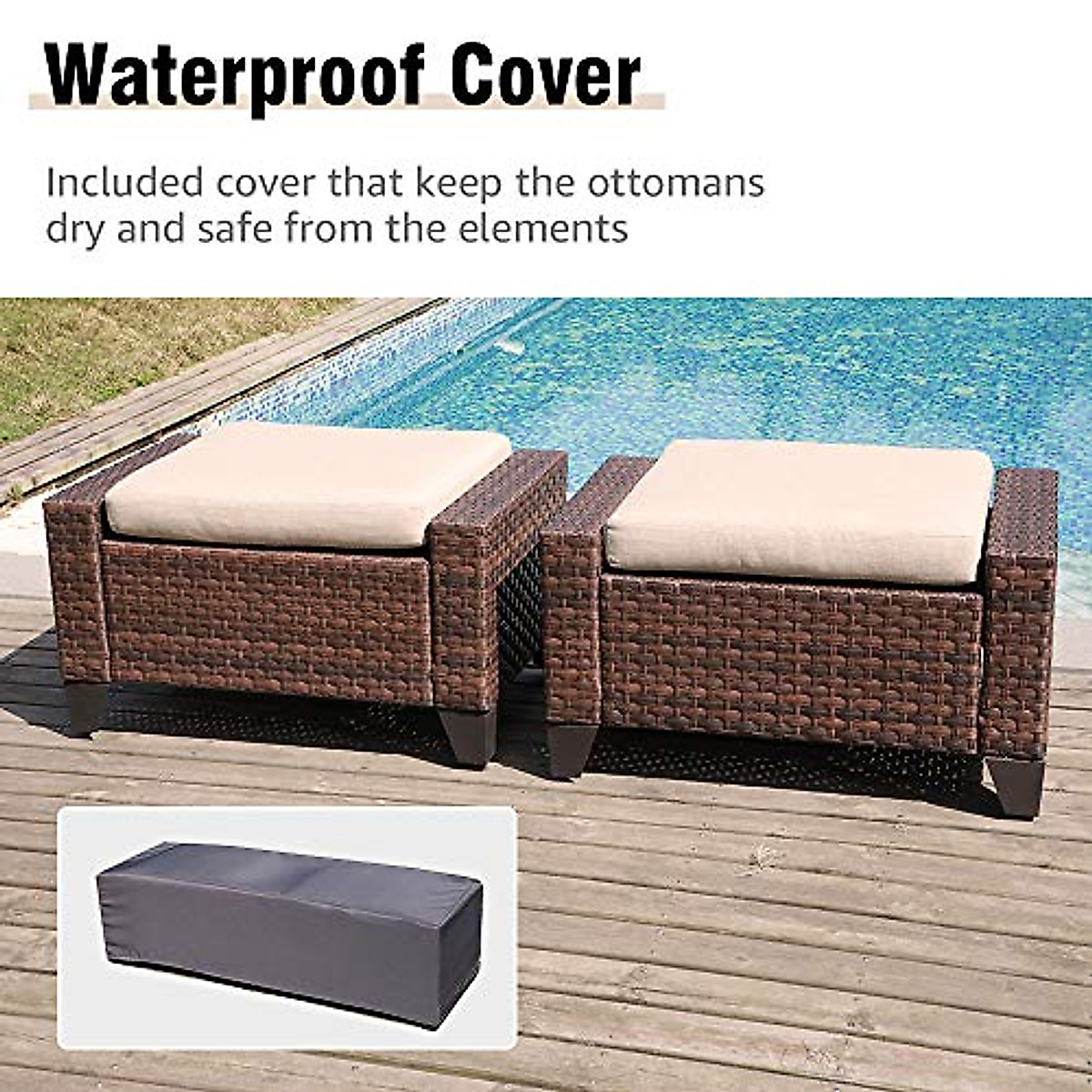 SUNSITT 2 Pieces Patio Furniture Ottoman Outdoor Wicker Footstool with Beige Cushion, Waterproof Furniture Cover