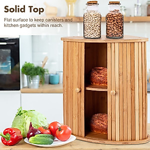 Bamboo Bread Box For Kitchen Countertop TOMKID Farmhouse Corner Bread Box 2 Layer Bread Storage Container, Extra Large Bread Boxes, 15.1 in x 11.8 in x 16.8 in (Assembly required)