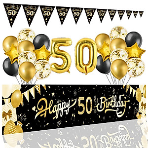 Large 9.8X1.6ft Happy 50th Birthday Decoration Banner, Black and Gold Happy Birthday Party Decoration Set Anniversary Celebration Backdrop 50th Birthday Foil Latex Balloons for Men and Women