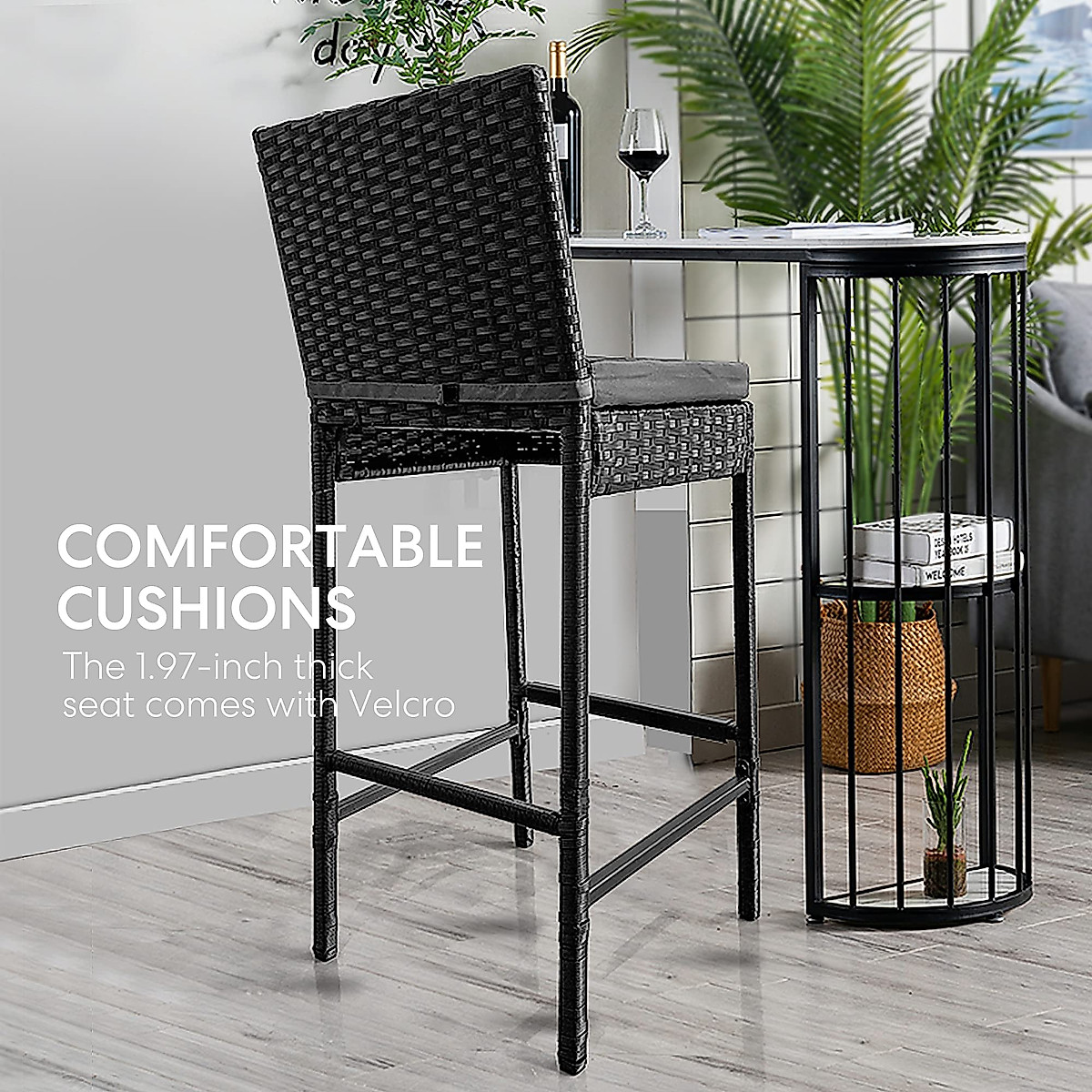 VIVOHOME Outdoor Wicker Barstool 4 Packs, Bar Chairs PE Rattan Materail, Patio Stools with Cushions, Black