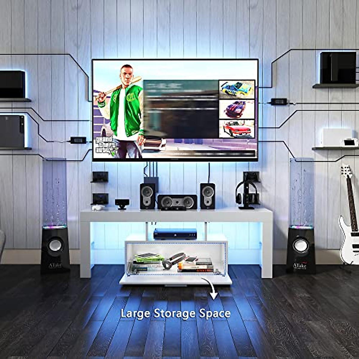 LMEREODY Modern LED TV Stand for 32/40/50/55 inch TV, Gaming Entertainment Center with LED Lights, High Glossy Television Stands with Storage, White Wood TV Console for Living Room, Bedroom