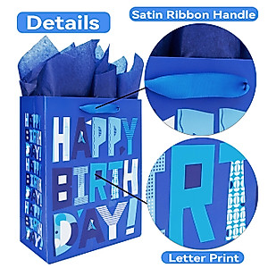 13" Large Blue Gift Bags Set with Greeting Card and Tissue Papers (Blue Happy Birthday) for Men's Birthday Party,Kids' Parties, Baby Shower, or Baby Boy - 13”x10.2”x5.2”, 1 Pcs