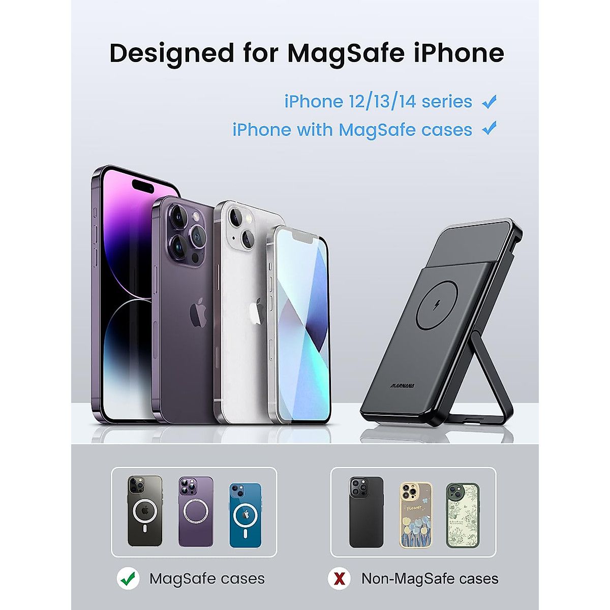 Marnana Magnetic Wireless Power Bank with Apple Watch Charger, 10000mAh Fast Charging Portable Charger Battery Pack w/Foldable Stand for MagSafe iPhone 12/13/14/15 Series & Apple Watch - Black