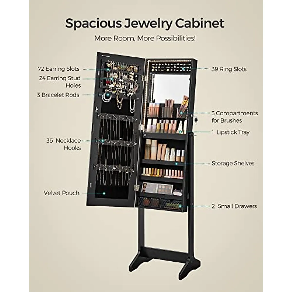 SONGMICS Mirror Jewelry Cabinet Standing Armoire Organizer, Jewelry Storage with Full-Length Frameless LED Lights, Built-in Makeup Mirror, 2 Drawers, Lockable, Black UJJC023B01