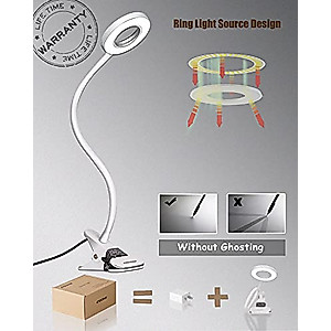 EYOCEAN LED Clip on Light Reading Light, USB Eye-Care Reading Light for Headboard, 3 Modes & 10 Dimming 7W Clamp Desk Lamp, 360°Flexible Gooseneck Night Light(Adapter Included), White