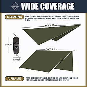 Onewind 11ft Hammock Tarp, Lightweight Silnylon Hammock Rain Fly, 4000mm Waterproof 4-Season Multiple Shelter Solution Camping Tarp Tent with Complete Accessories, OD Green