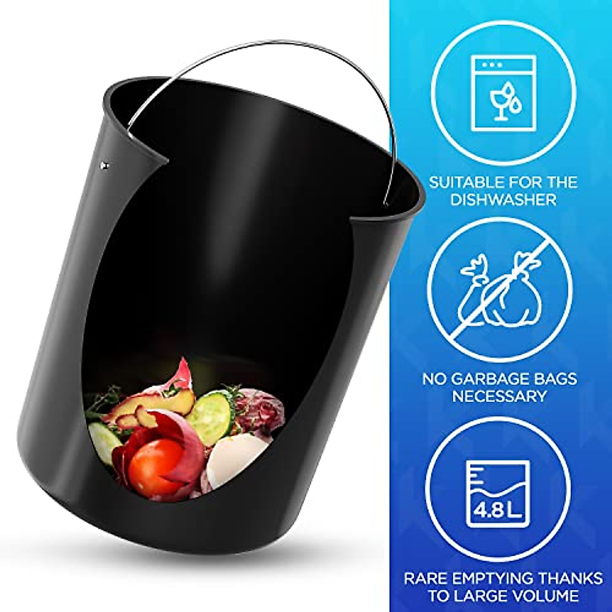Stainless Steel Compost Bin for Kitchen Counter - Odor-Free Indoor Trash Bin with Clever Air Circulation and Filter [1.3 Gallon] - No Need for Plastic Bags Thanks to The Dishwasher Safe Inner bin