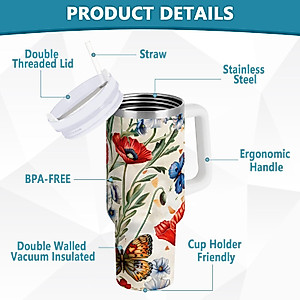 FENOCHE Red Poppy Flowers Butterfly 30 oz Tumbler Insulated Cups Stainless Steel Water Bottle with Handle Lid and Straw Tumblers for Car Cup Holder