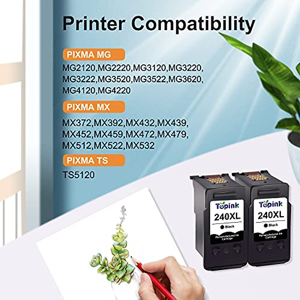 Topink Remanufactured Ink Cartridge Replacement for Canon PG-240XL 240 XL use with PIXMA TS5120 MG3620 MG3520 MG3522 MX532 MX452 MG3122 High Capacity Ink (2 BK)