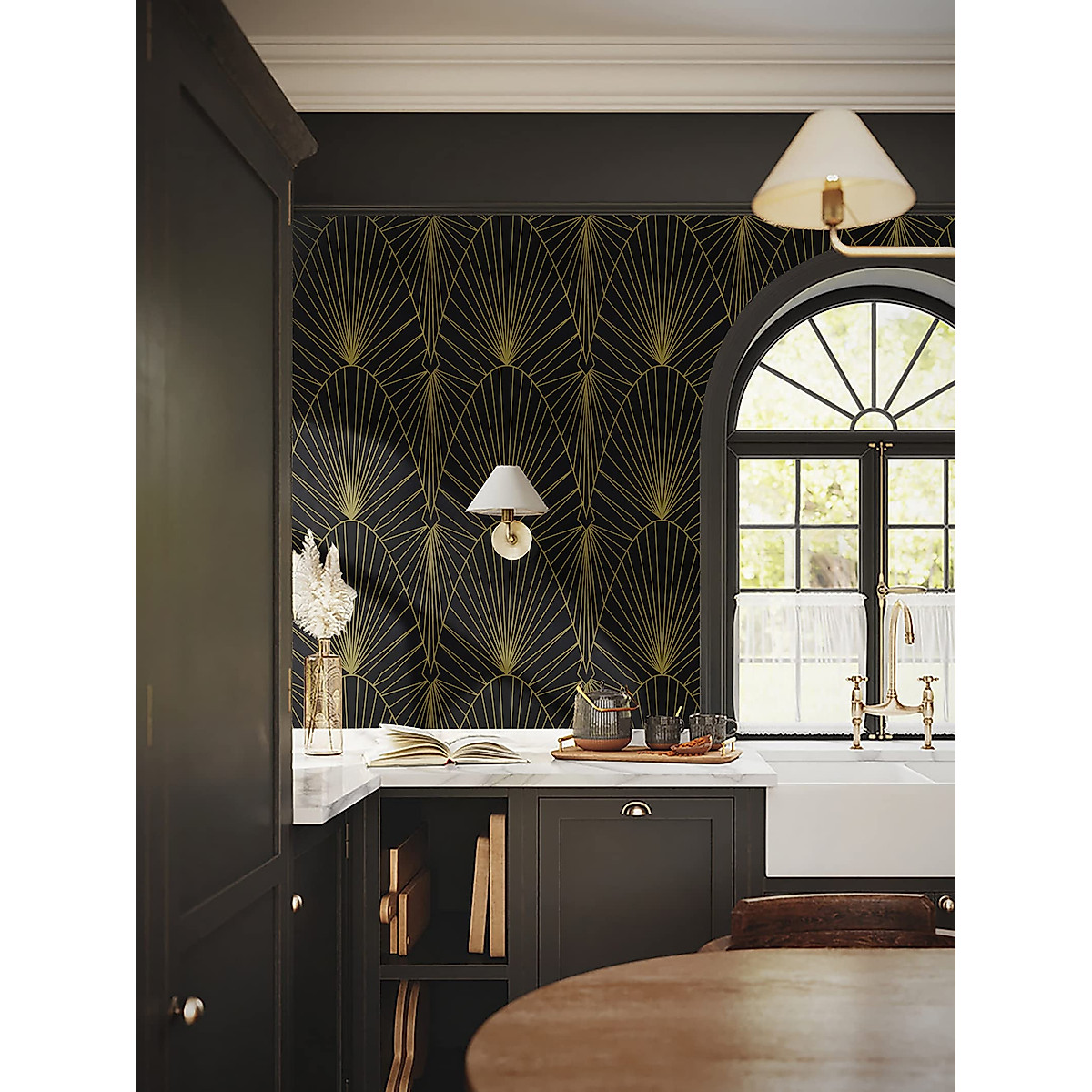 Yasinet Peel and Stick Wallpaper Black and Gold Wallpaper for Bathroom Removable Black Contact Paper Black Geometric Self Adhesive Wallpaper Decorative for Wall Cabinet 17.3”x118.7”