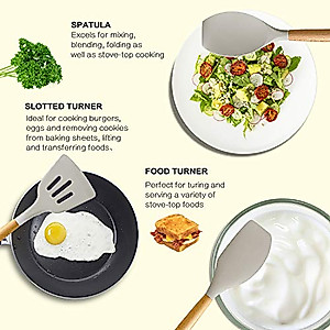 Kinfayv Silicone Cooking Utensils Kitchen Utensil Set, 21 PCS Wooden Handle Nontoxic BPA Free Silicone Spoon Spatula Turner Tongs Kitchen Gadgets Utensil Set for Nonstick Cookware with Holder (Khaki)