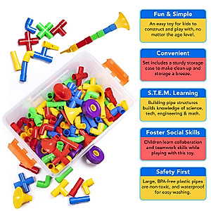 Playlearn Large Size Pipe Tube Blocks for Kids – Fine Motor STEM Toy for All Ages – 128 Pieces