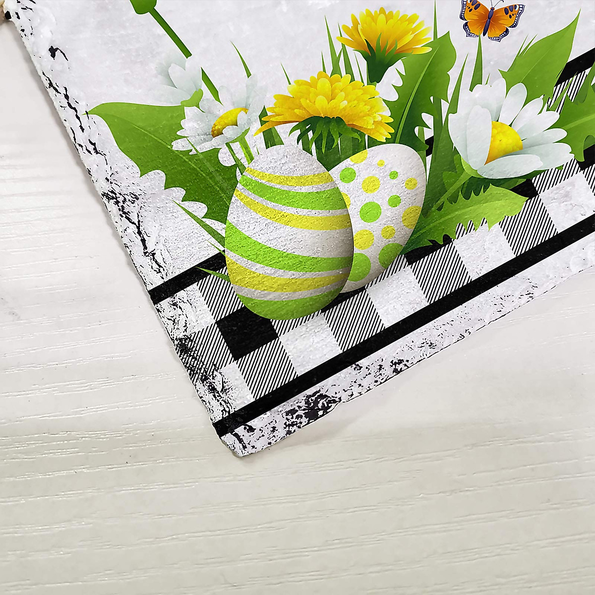 Easter Hanging Wall Sign, Decorative Slate Signs with Rope, Hanging Door Plaque for Porch/Entryway/Outdoor/Garden Home 5x8inch, Easter Eggs Flowers Leaves Butterflies Black and White Plaid