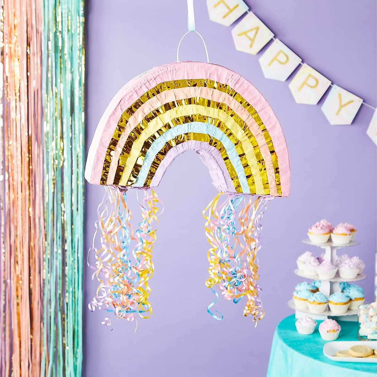 Rainbow Pull String Pinata for Pastel Birthday Decorations, Gender Reveal Party Supplies (Small, 16.5 x 10 x 3 In)