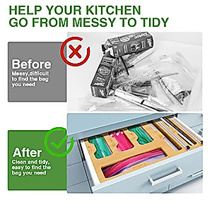 MIRBIRTOS bamboo ziplock bag organizer for drawer Foil And Plastic Wrap Organizer 6 In 1 Plastic Wrap Dispenser with Cutter Compatible with 12" Kitchen Rolls