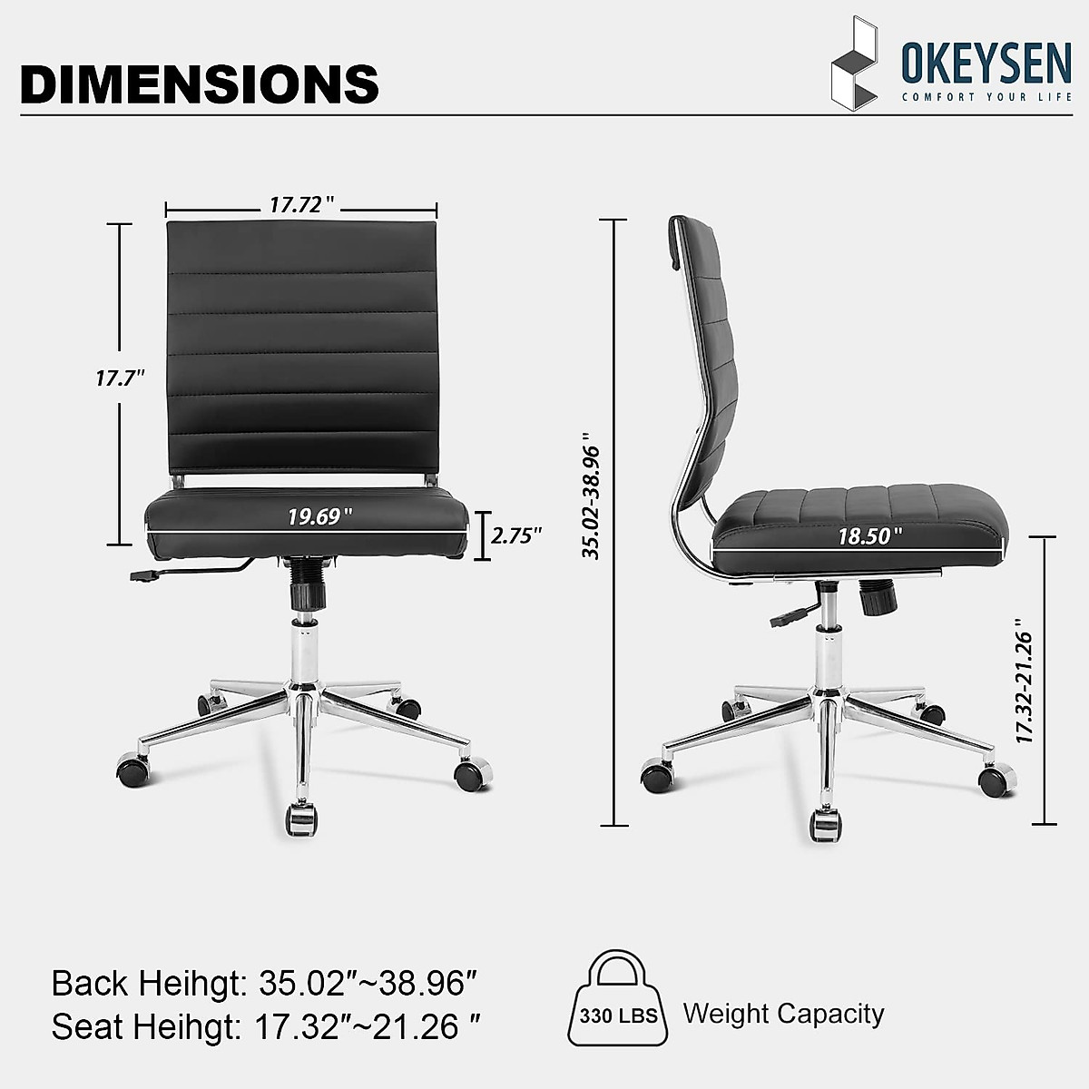 Okeysen Armless Office Desk Chair, Mid Back Ergonomic Swivel Conference Room Chair, Adjustable Height PU Leather Home Desk Chair, Modern Small Rolling Computer Task Chair, Black