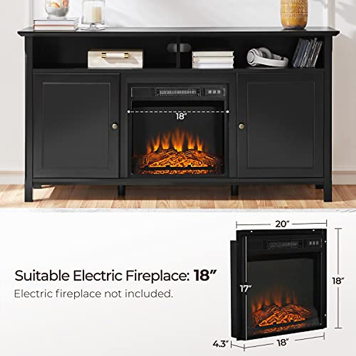 Yaheetech Black TV Stand for TVs up to 65 Inch, Modern Entertainment Center Media TV Console with Open Compartments & Double Doors, TV Cabinet with Storage for Living Room & Bedroom, 31 in Tall