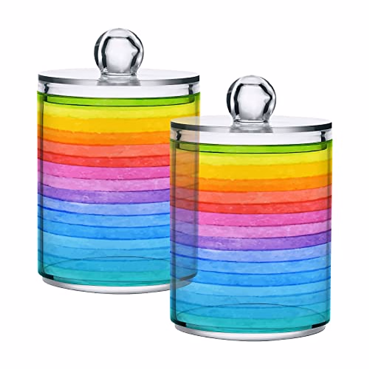 JUMBEAR 2 Pack Rainbow Stripe Qtip Holder Dispenser with Lid 14 oz Clear Plastic Apothecary Jar Set for Bathroom Vanity Organizers Storage Containers
