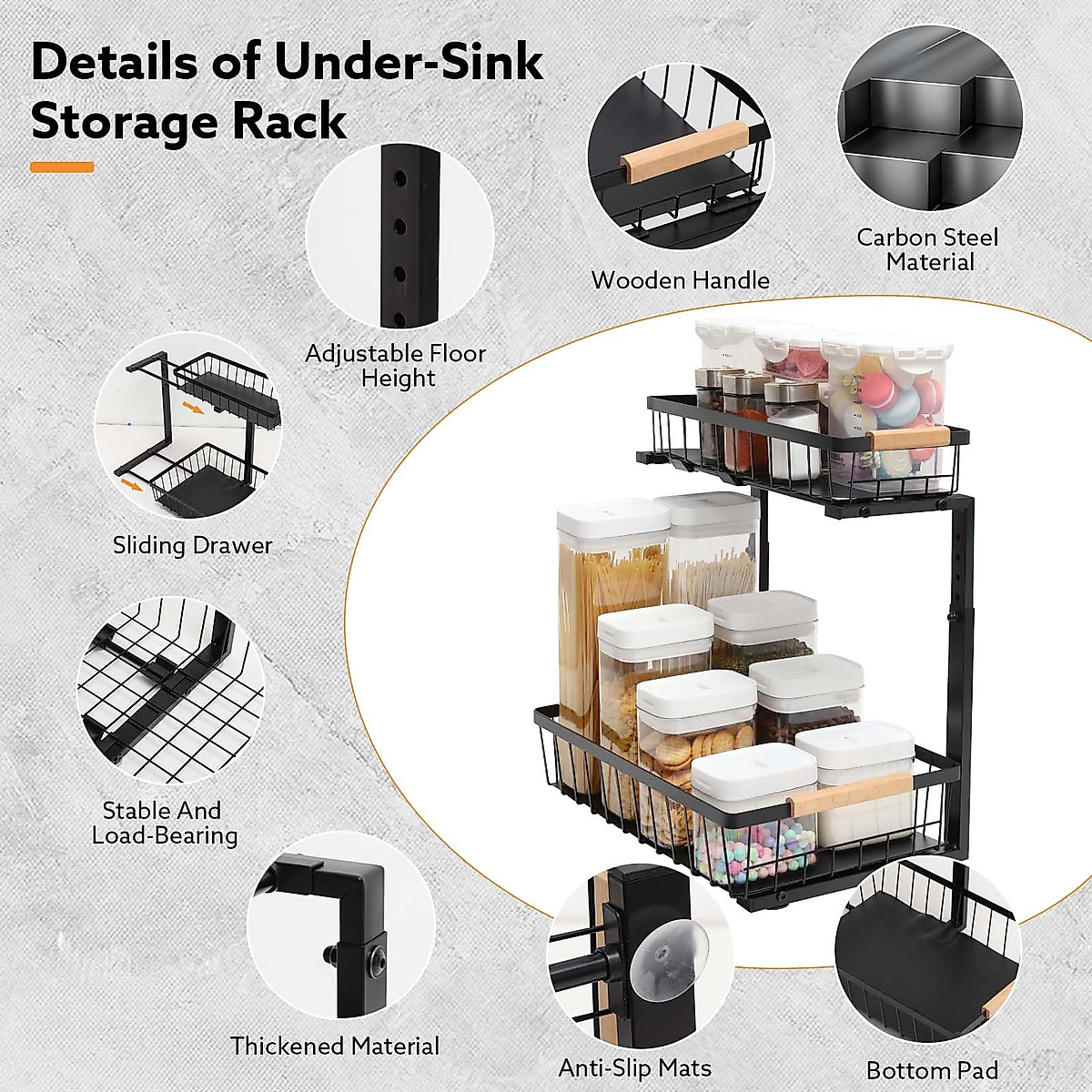 Under Sink Organizers and Storage 2 Pack, 2 Tier Height Adjustable Bathroom Organizers and Storage Sliding Under Kitchen Sink Organizer Pull Out Cabinet Organizer for Kitchen Bathroom Cabinet
