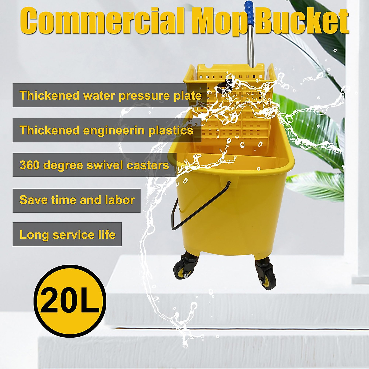 HQHAOTWU Mop Bucket Thickened Plastic Extrusion Water Bucket 20L Commercial Mop Extrusion Water Bucket Yellow Wastewater Separation Draining Bucket with Universal Castors Handle Drainage Outlet