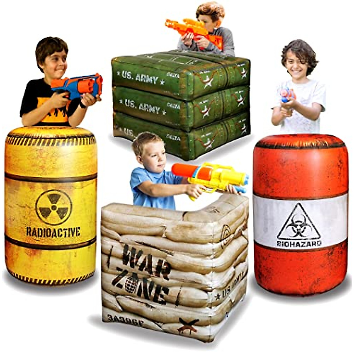 Pack of 4 Combat Battlefield Inflatables + Pack of 2 Barrels Inflatable Compatible with Nerf. Laser Tag Warzone