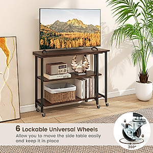 Giantex 360° Free Rotating Sofa Side Table, Mobile L-Shaped Laptop Desk with Sturdy Metal Frame, 6 Universal Casters, Movable Couch Snack Table with 2-Tier Storage Shelf for Home (Walnut)