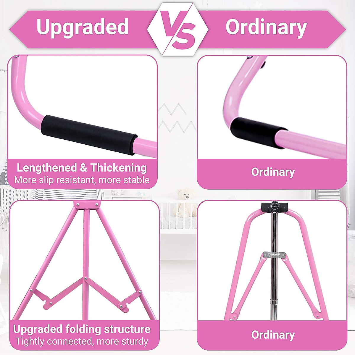 Gymbarpro Gymnastics Bars for Kids, Adjustable Horizontal Bar, Junior Training Bars Folding Monkey Bars for Beginner Practicing Home Kids Gymnastics Equipment for Home (Pink Upgrade)