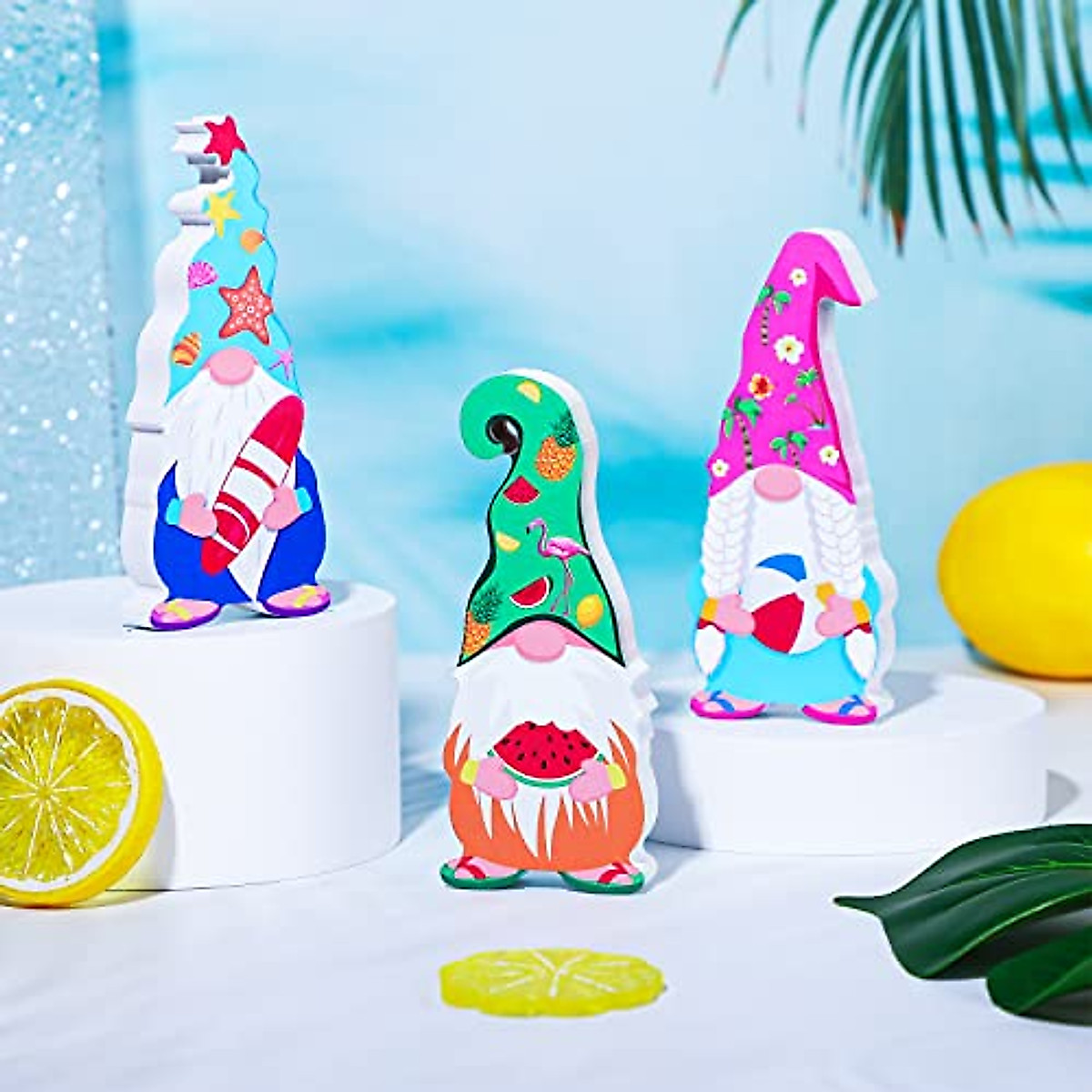 3 Pcs Wooden Beach Gnomes Sign Summer Gnomes Table Decor Wood Beach Table Centerpieces Hawaii Wooden Gnomes Sign for Summer Party Tiered Tray Shelf Home Kitchen Decoration