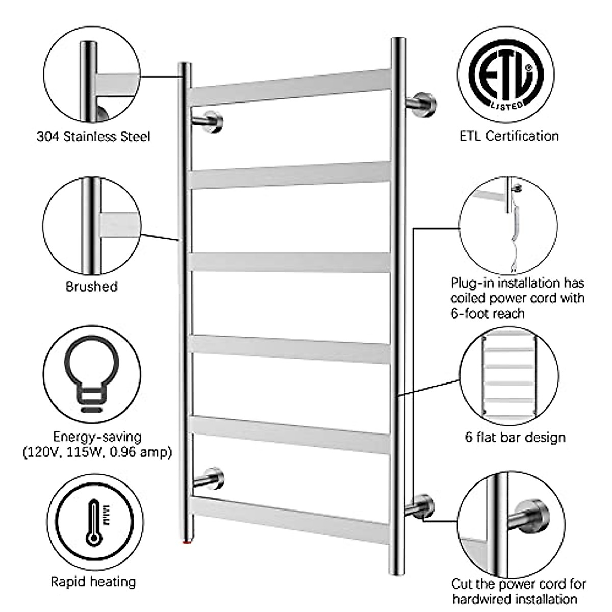 HEATGENE Towel Warmer 6 Flat Bar Towel Dryer Wall-Mounted Plug-in Bath Towel Heater - Brushed