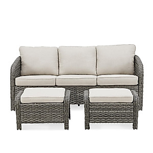 LUMIINOFAMI 3 Piece Patio Couch PE Wicker 3-seat Sofa, 73.6'' Long Outdoor Couch Patio Sofa with 2 Ottoman, Barrel-Shaped Wicker Sofa Outdoor Furniture Rattan Wicker Sofa for Patio Deck Porch