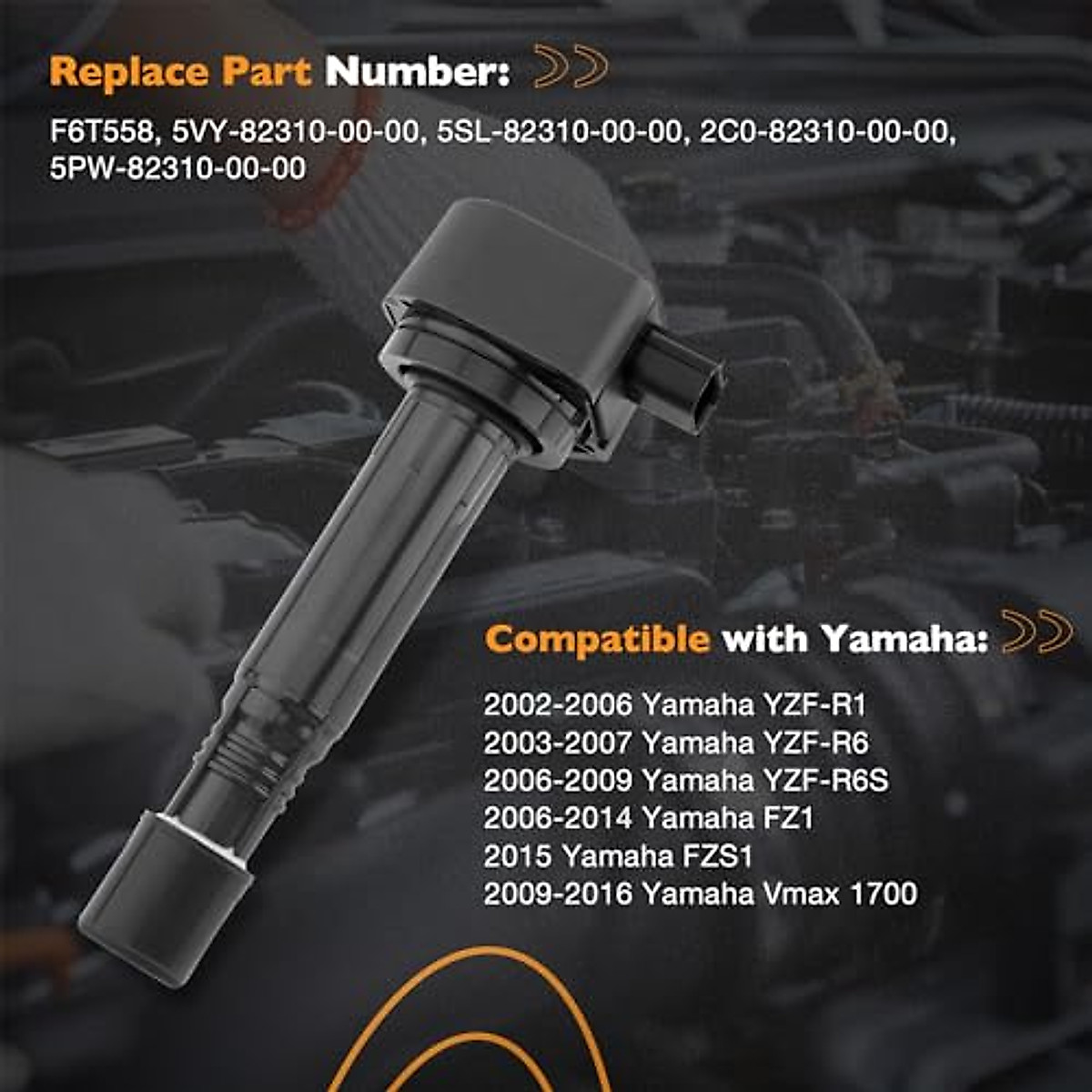 Ignition Coil Pack 4pcs Compatible with Yamaha 2003-2007 YZF R6| 2002-2006 YZF R1| 2006-2014 FZ1 & More Replaces# F6T558, 5VY-82310-00-00