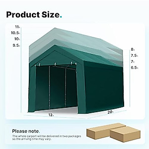 ADVANCE OUTDOOR 12x20 ft Heavy Duty Carport with Sidewalls and Doors, Adjustable Height from 9.5 ft to 11 ft, Car Canopy Garage Party Tent Boat Shelter with 8 Reinforced Poles and 4 Sandbags, Green