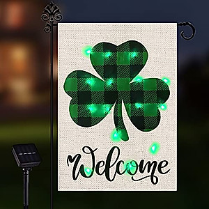 St Patricks Day Garden Flag Shamrock LED Lighted Welcome Buffalo Plaid Yard Outdoor Decoration Vertical Double Sized Burlap Spring Holiday Decor 12.5 x 18 Inch