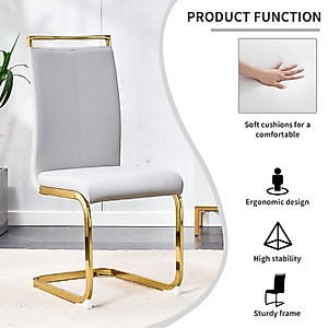 HAIZAO 79 inch Glass Dining Table Set for 8, Tempered Glass Tabletop with Golden Plated Metal Legs & Grey MDF Crossbars, PU Faux Leather Chairs with Golden Metal Legs, for Kitchen, Light Grey