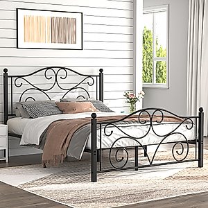 VECELO Queen Size Bed Frame with Headboard and Footboard, Heavy Duty Metal Slat Support, Platform Mattress Foundation, No Box Spring Needed, Easy Assembly, Dark Black