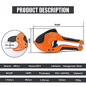 AIRAJ PVC Pipe Cutter to Cutting 1-5/8' (42mm) PEX,PVC,PPR Plastic Pipes,Ratcheting PVC Pipe Cutter with SK5 Steel Blade & Ergonomic Handle,Plastic PVC Cutter Suitable for Home Working and Plumber