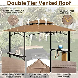 8X 5 FT Grill Gazebo Grill Canopy Double Tiered BBQ Gazebo Outdoor BBQ Canopy, Upgrade Your Grill Gazebo with Our Durable Replacement Roof, Patio Canopy Tent for Barbecue and Picnic (Khaki)