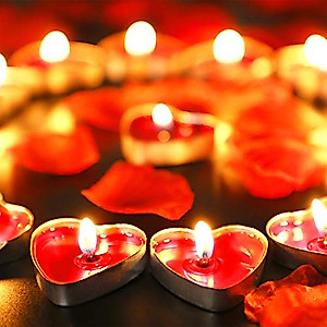 Tatuo 50 Pieces Heart Shape Candles Romantic Tealight Candles and 200 Pieces Silk Rose Petals Faux Flower Petals for Valentine's Day Festival Wedding Birthday Party (Red Candle, Red Petal)