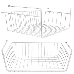 Tebery 2 Pack White Under Shelf Wire Basket Hanging Storage Baskets, Under Cabinet Add-on Storage Racks Slide-in Baskets Organizer for Kitchen Pantry Desk Bookshelf