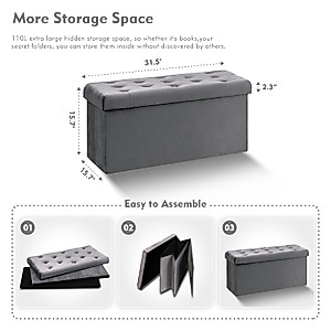 B FSOBEIIALEO Folding Storage Ottoman, Long Ottomans Shoes Bench, Velvet Storaeg Chest Footrest Seat 31.5"x15.7"x15.7" (Grey, Large)