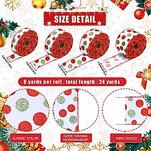 4 Rolls 24 Yard Christmas Green Red Dot Ribbons, 4 Sizes Glitter Wired Edge Ribbons Burlap Polka Dot Ribbon Wide Christmas Ribbon for DIY Craft Bows, 6 Yard Per Roll (White)