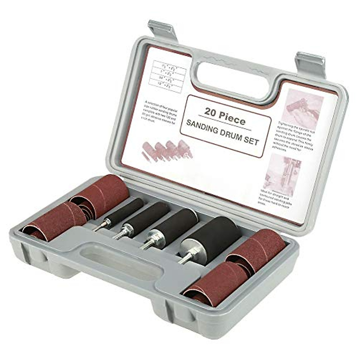 Drill Press Sanding Drum Kit, 20pcs Rubber Sanding Drum Set for Drill Presses and Power Drills, Drum Sander Attachment with Spindle Sander Sleeves and Tool Carrying Case, 1/2, 3/4, 1, 1-1/2 Inch