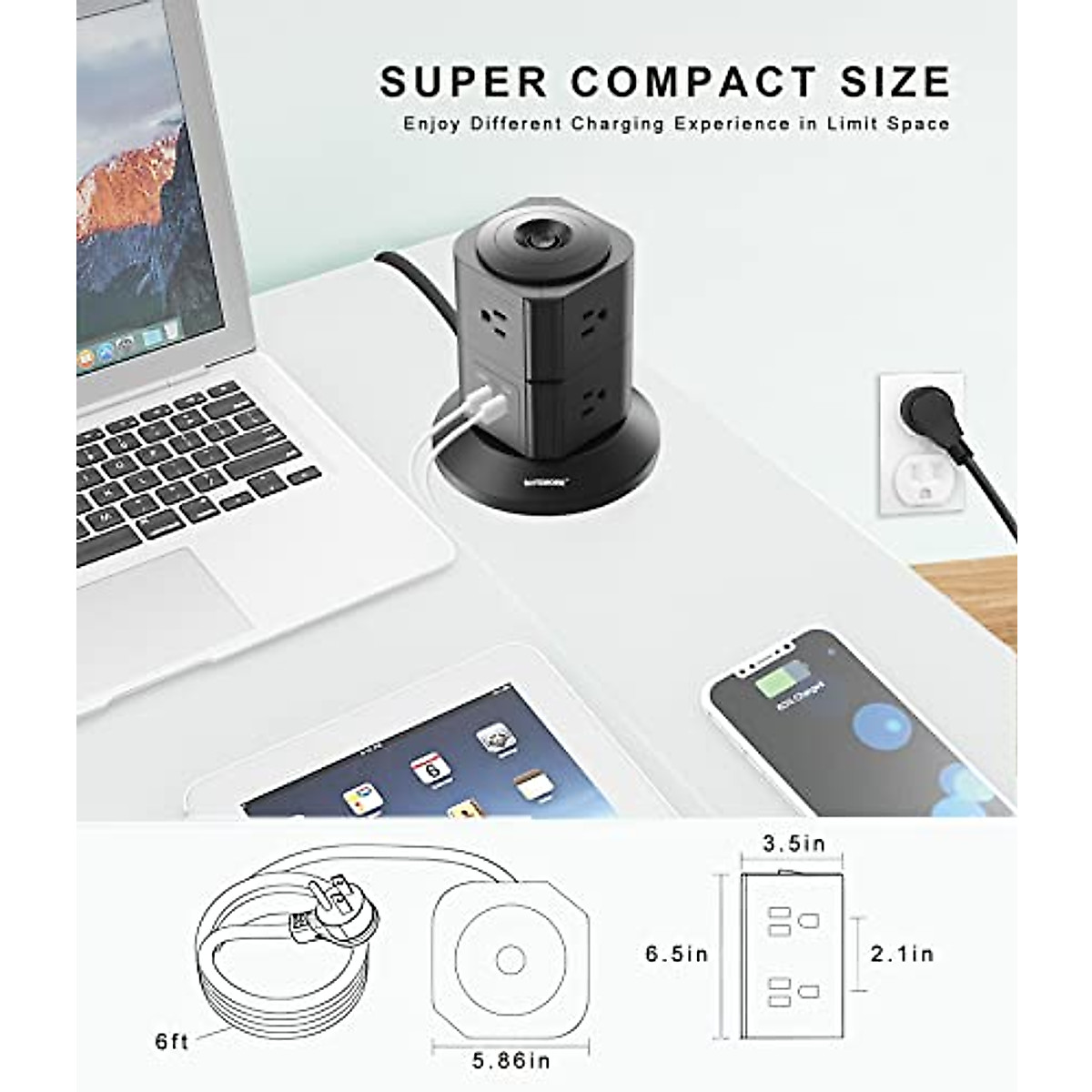 4 Side Power Strip Tower SAFEMORE with 7 Widely Outlets / 2 USB Ports, Flat Plug 6ft Charging Station for Home & Office (Black)