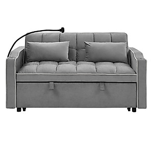 Bellemave Foldable Sofa Bed with Phone Holder, Pull Out Velvet Loveseat Sleeper with 2 USB Charging Ports, Modern Futon Couch with Cup Holders and Adjustable Backrest, for Living Room, Gray