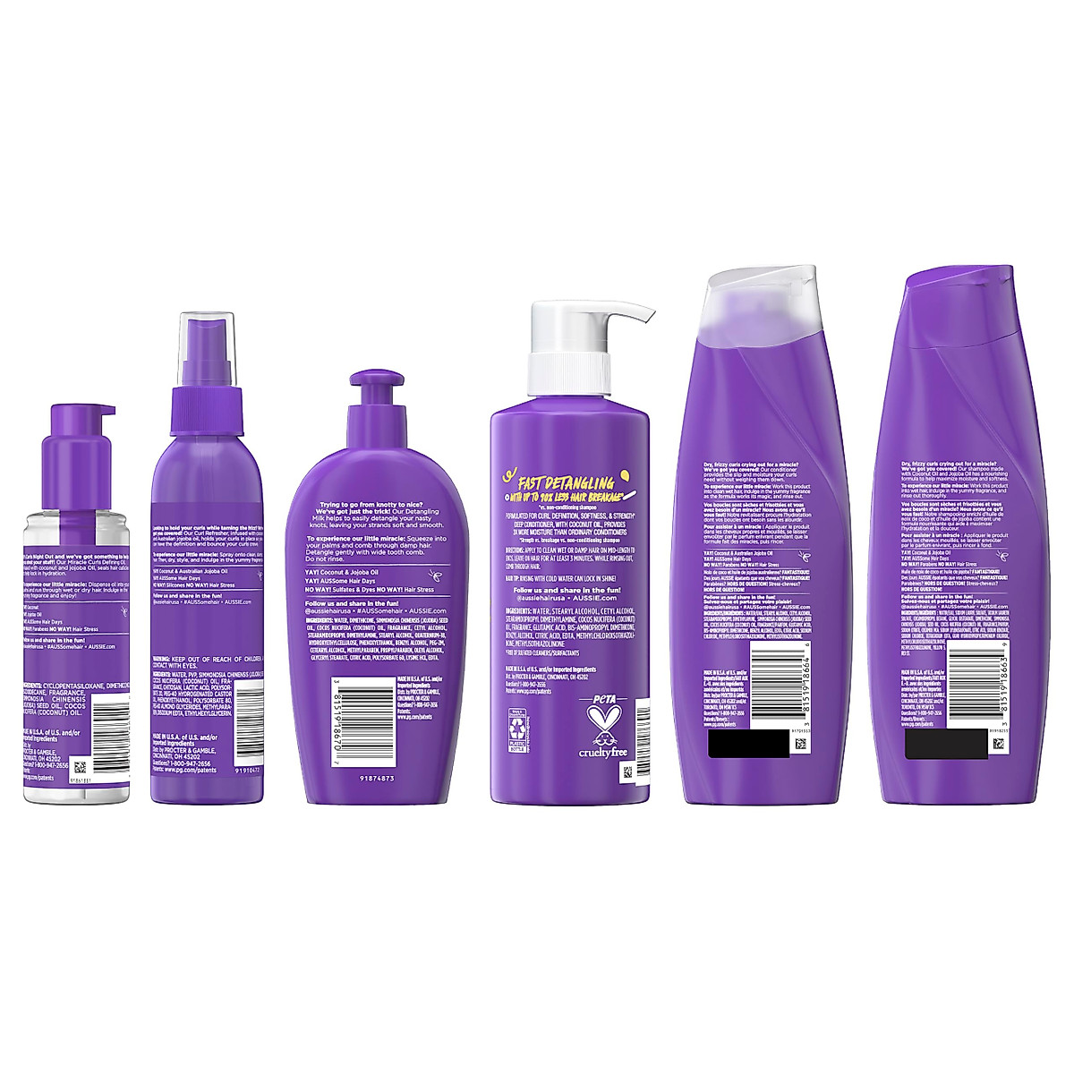 Aussie Miracle Curls Set: Shampoo, Conditioner, Deep Hydration, Spray Gel, Detangling Milk, and Oil Hair Treatment, Curl Oil, Coconut & Jojoba, Frizz Control, 6 Pieces