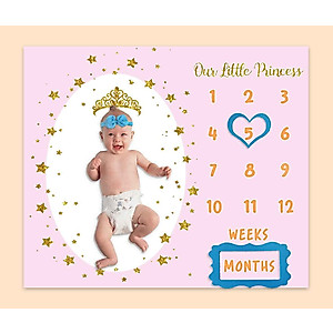 PHMOJEN Monthly Milestone Blanket for Baby Girl, 48"x40" Soft Flannel Pink Princess Memory Growth Blanket, Photography Backdrop Prop for Newborn Baby Shower, 1 to 12 Months Include Marks BTLSPH819