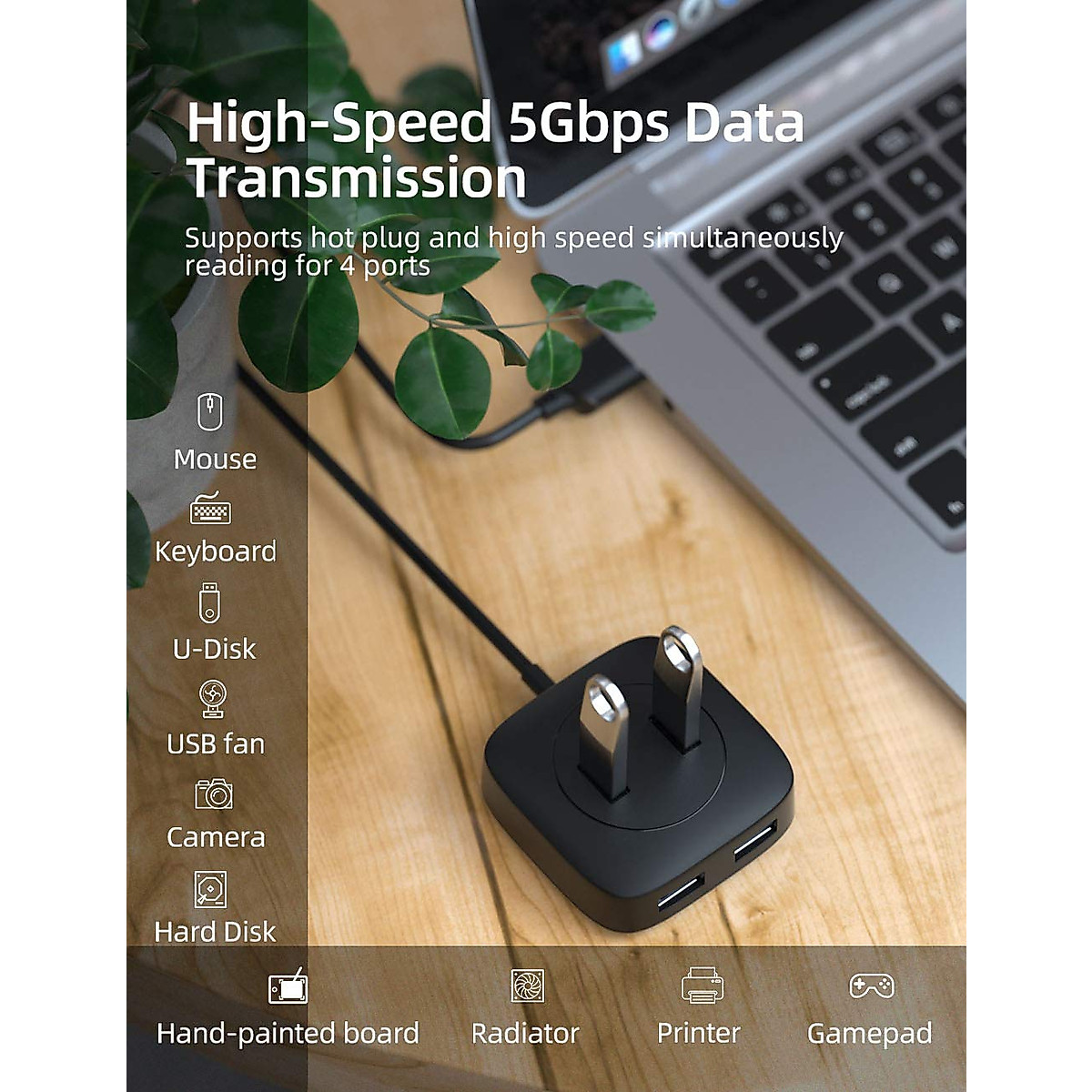 USB 3.0 HUB PHOCAR 4 Port USB Data HUB with 1.5ft Extension Cable Portable High Speed USB Extender Compatible with MacBook Pro, iMac, Surface Pro, XPS, PC, Flash Drive, Mobile HDD etc. -Black